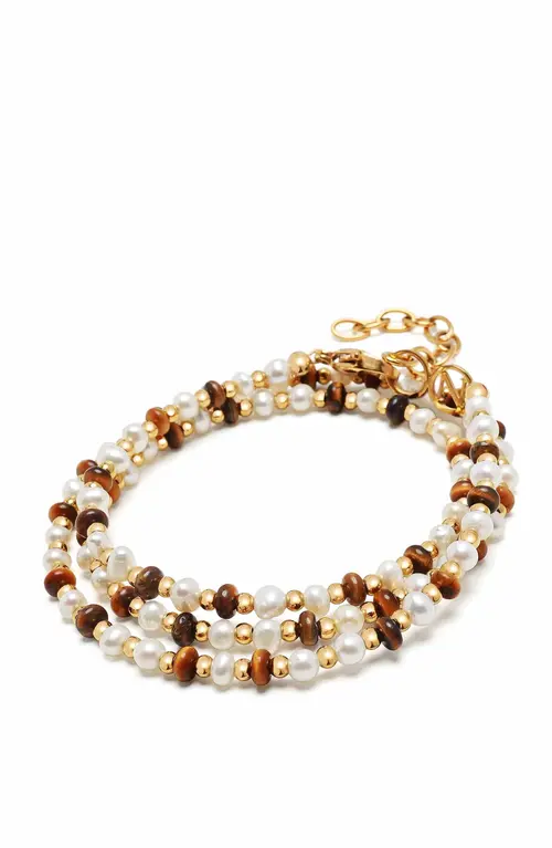 NIALAYA Pearl And Tiger Eye Wrap Bracelet - White Pearl/tiger Eye/gold