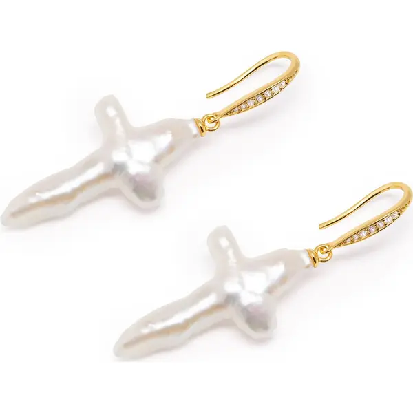 NIALAYA Pearl Cross Dangle Earrings - White/gold