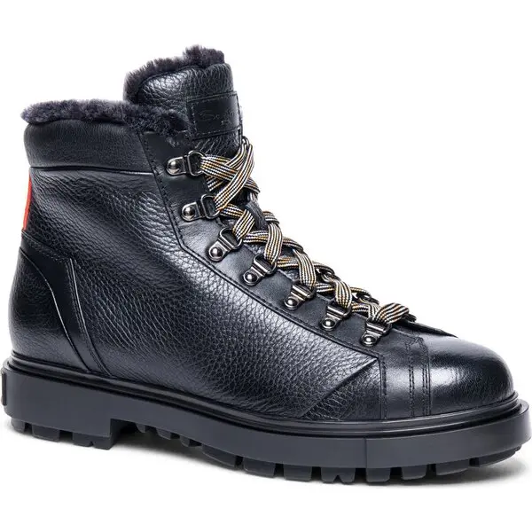 Santoni Genuine Shearling Lug Sole Boot - Black