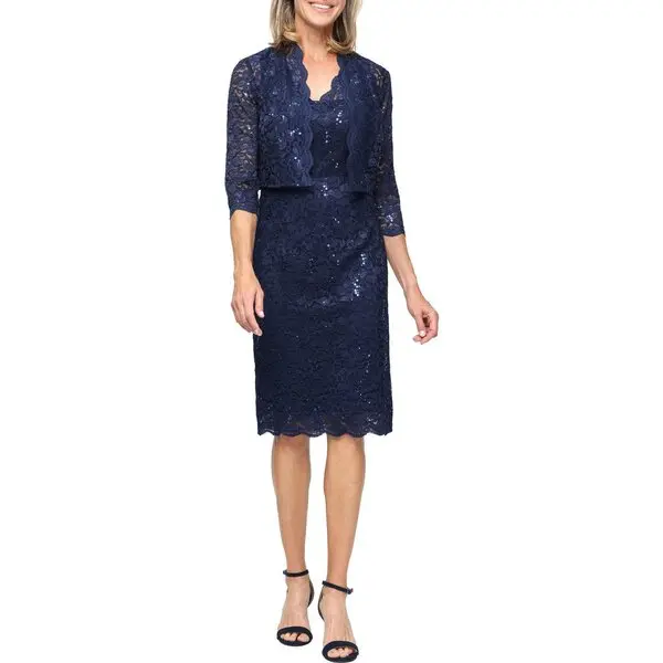 SL FASHIONS Sequin Stretch Lace Sheath Dress With Jacket