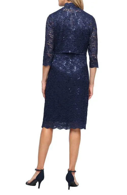 SL FASHIONS Sequin Stretch Lace Sheath Dress With Jacket