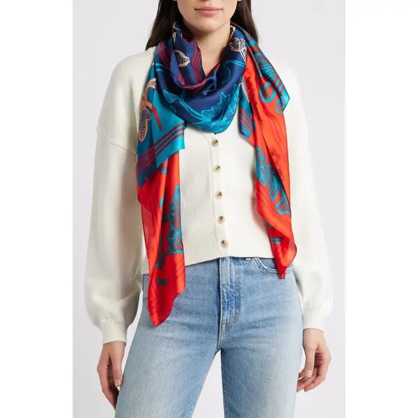 Tasha Floral Print Satin Scarf - Red/navy