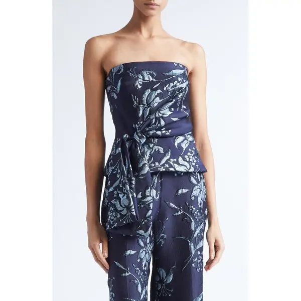 Lela Rose Metallic Floral Brocade Strapless Top