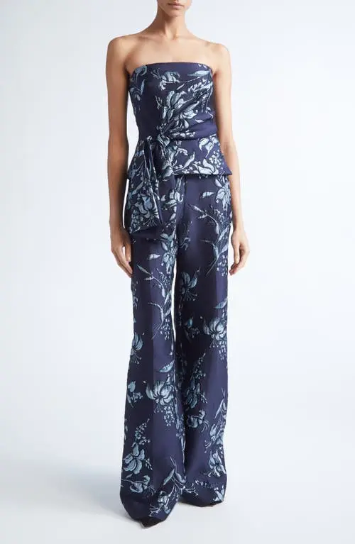 Lela Rose Metallic Floral Brocade Strapless Top