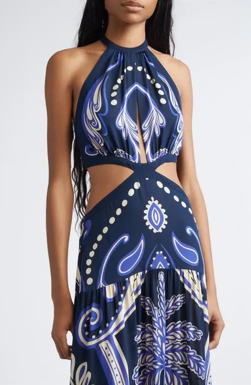 johanna ortiz blue floral dress Johanna Ortiz Linen Floral Cutout Midi Dress Blue