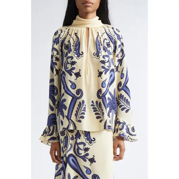 Johanna Ortiz Floral Paisley Silk Crêpe De Chine Top - Ecru/navy