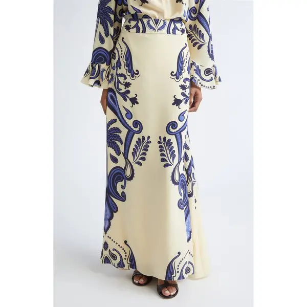 Johanna Ortiz Floral Paisley Silk Crêpe De Chine Maxi Skirt - Ecru/navy