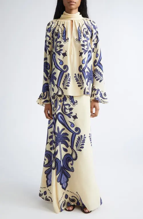 Johanna Ortiz Floral Paisley Silk Crêpe De Chine Maxi Skirt - Ecru/navy