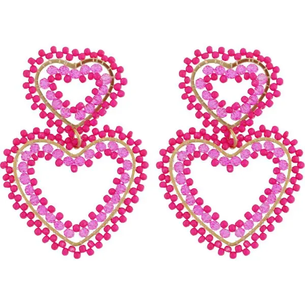 PANACEA Beaded Double Heart Drop Earrings - Pink