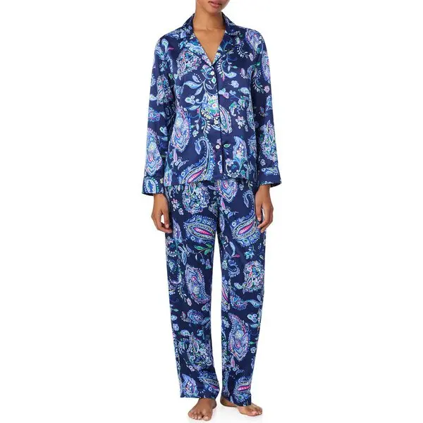 Ralph Lauren Print Recycled Polyester Blend Satin Long Pajamas - Blue Paisley