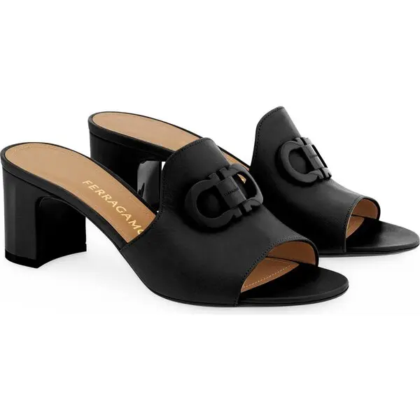 FERRAGAMO Rexy Leather Slide Sandal - Nero Biscotto