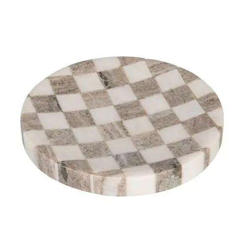 STORIED HOME Round Marble Checkered Cheese And Serving Tray - White