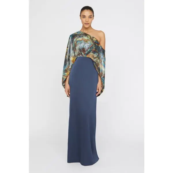 Theia Gisette One-shoulder Cape Gown