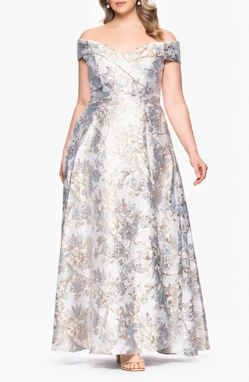 XSCAPE EVENINGS Off-the-shoulder Brocade Gown