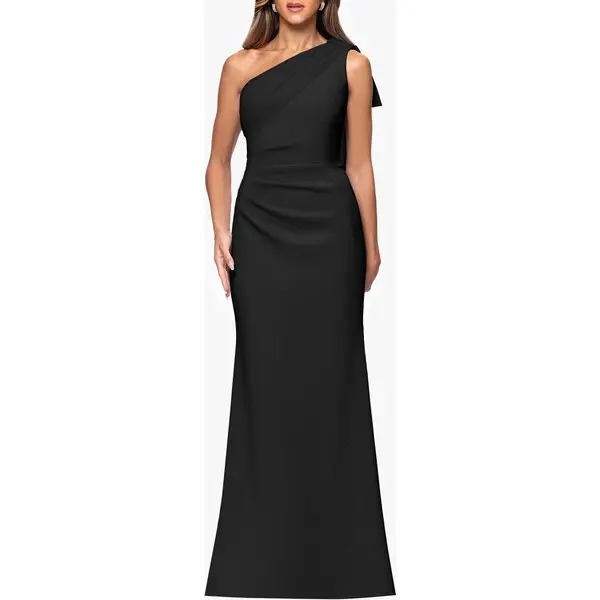 XSCAPE EVENINGS Sash Detail One-shoulder Gown - Black