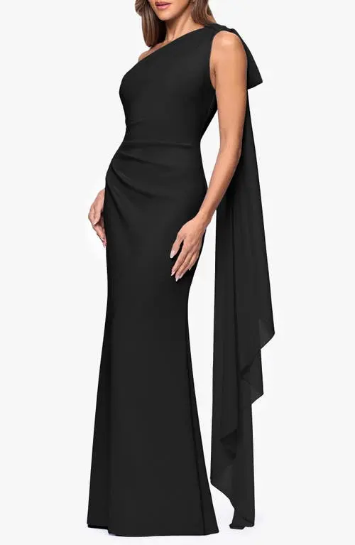 XSCAPE EVENINGS Sash Detail One-shoulder Gown - Black