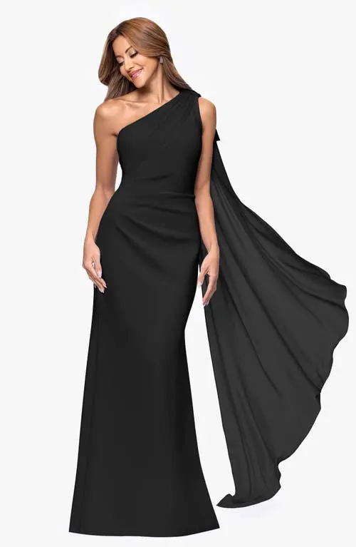 XSCAPE EVENINGS Sash Detail One-shoulder Gown - Black