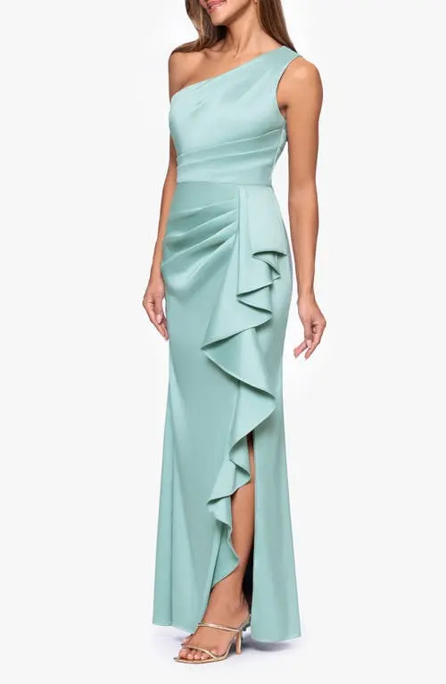 XSCAPE EVENINGS Ruffle Detail One-shoulder Mikado Sheath Gown