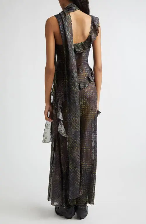 SIEDRES Monica Tiered Ruffle Chiffon Maxi Dress With Detachable Scarf Tie - Black Multi