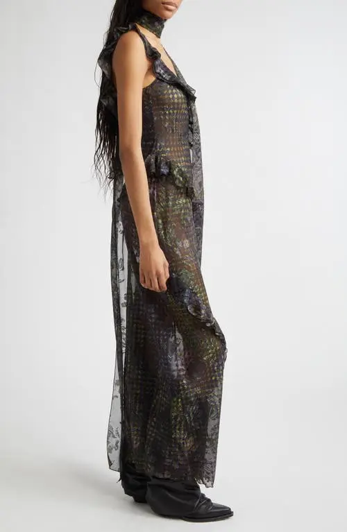 SIEDRES Monica Tiered Ruffle Chiffon Maxi Dress With Detachable Scarf Tie - Black Multi