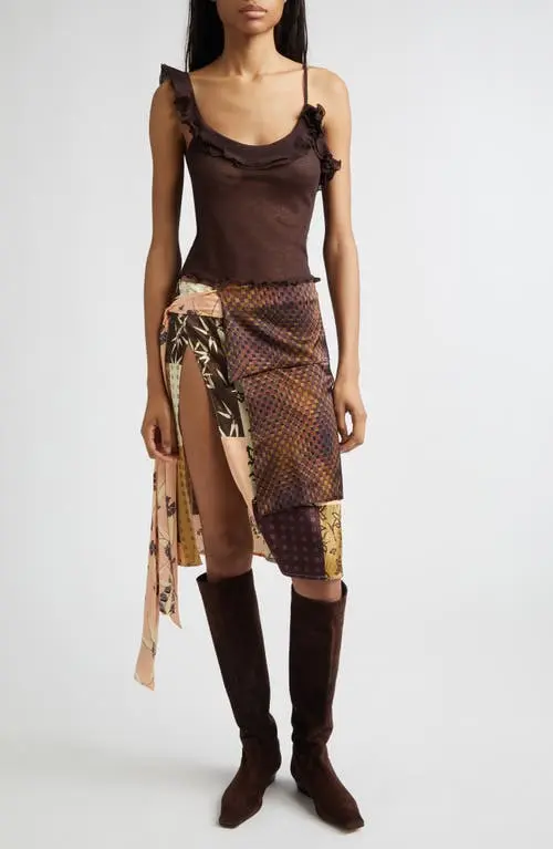 SIEDRES Patchwork Print Satin Skirt With Sash