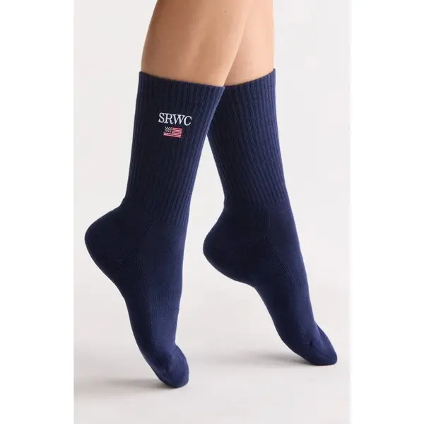 SPORTY & RICH Nautical Crew Socks - Dark Navy/white/ruby
