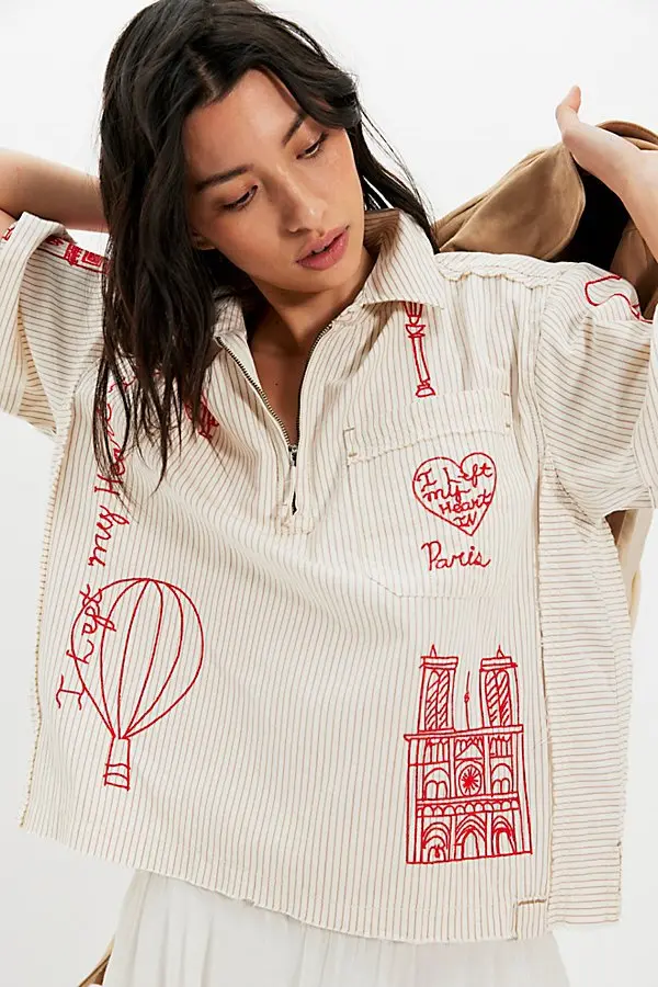 Free People We The Free Paris Romance Embroidered Top - Ecru Combo