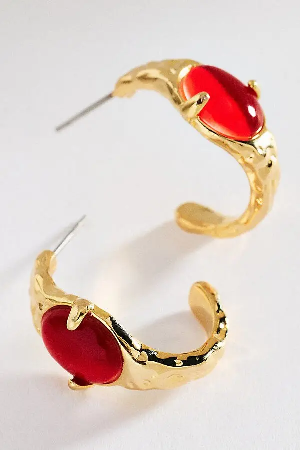 Anthropologie Mini Stone Hoop Earrings - Red