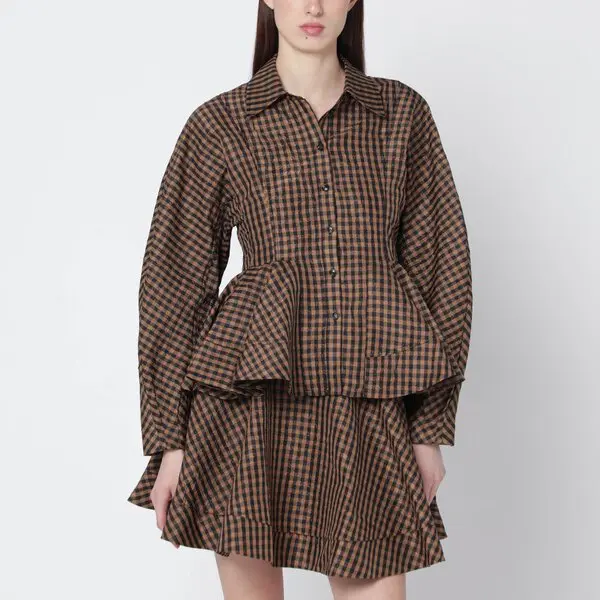 GANNI Gingham Peplum Shirt - Brown