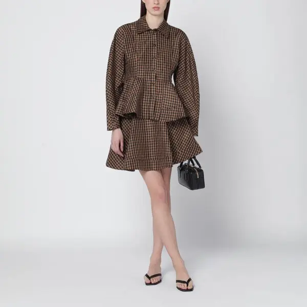 GANNI Gingham Peplum Shirt - Brown
