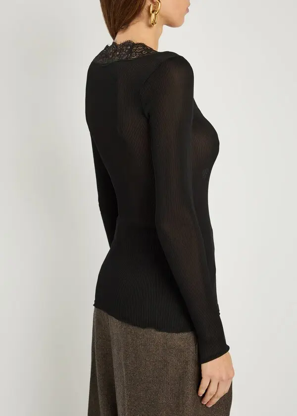 Saint Laurent Lace-trimmed Ribbed Silk Cardigan