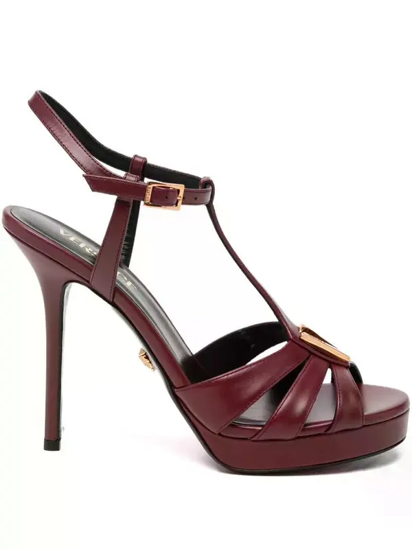 Versace V Hardware Leather Stiletto Sandals - Red