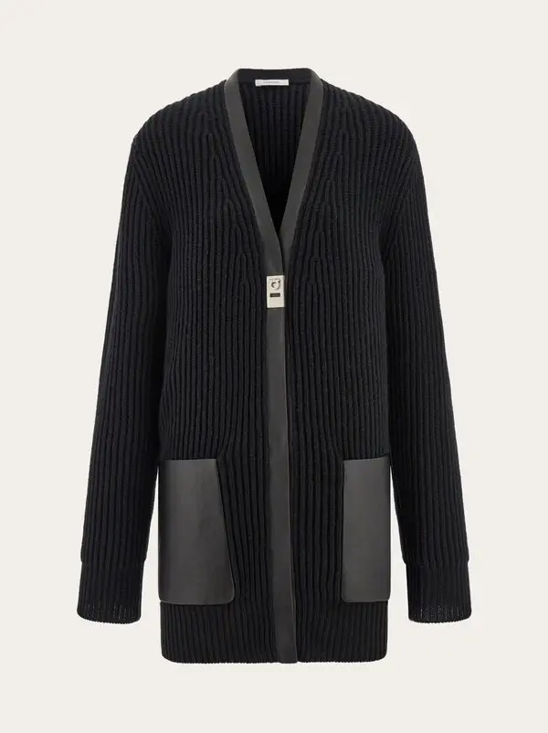 FERRAGAMO Longline Virgin Wool Cardigan With Leather Details - Black
