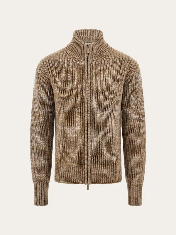 FERRAGAMO High Neck English Rib Knit Cardigan - Beige