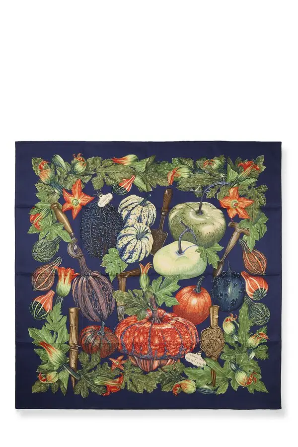 Hermès Multicolor 'citrouilles Et Coloquintes' Silk Scarf 90 - Navy