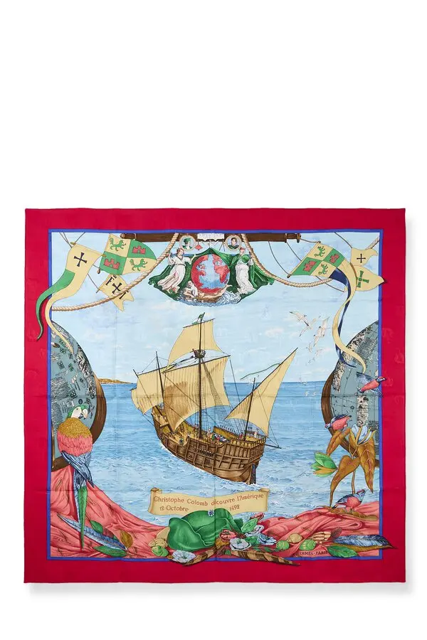 Hermès Multicolor 'les Amériques' Silk Scarf 90 - Red