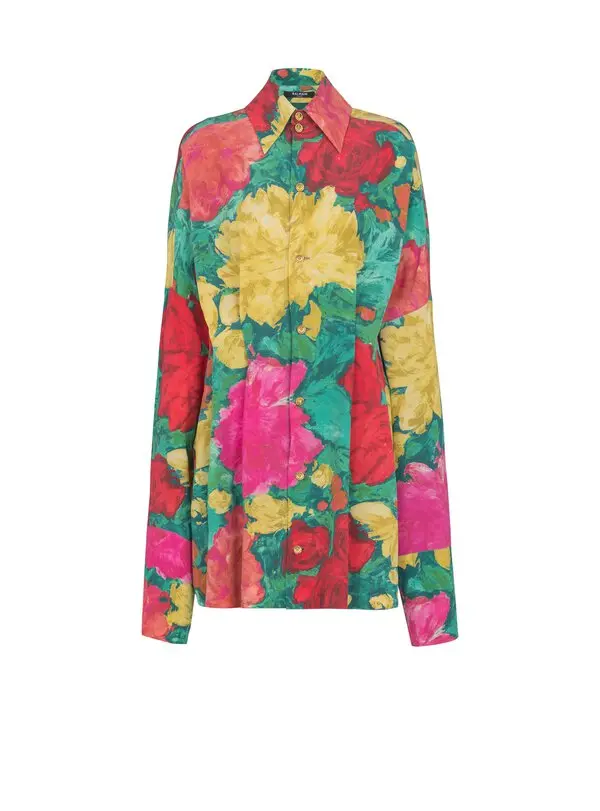 Balmain Crepe Shirt Dress With Roses Print - Multicolor