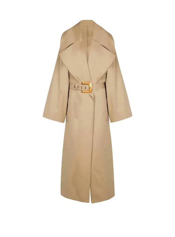 Balmain Long Cotton Gabardine Trench Coat - Beige