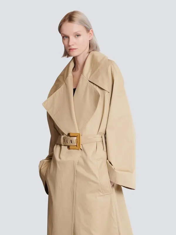 Balmain Long Cotton Gabardine Trench Coat - Beige