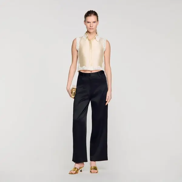 Sandro Satin-effect Wide-leg Trousers - Black