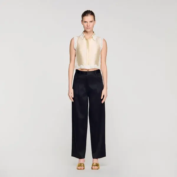 Sandro Satin-effect Wide-leg Trousers - Black