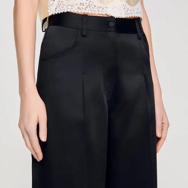 Sandro Satin-effect Wide-leg Trousers - Black