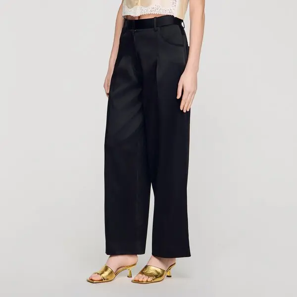Sandro Satin-effect Wide-leg Trousers - Black