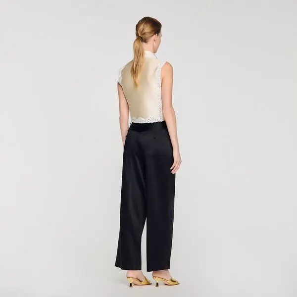 Sandro Satin-effect Wide-leg Trousers - Black