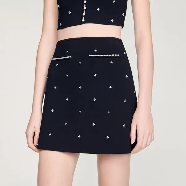 Sandro Rhinestone Embroidered Knit Mini Skirt