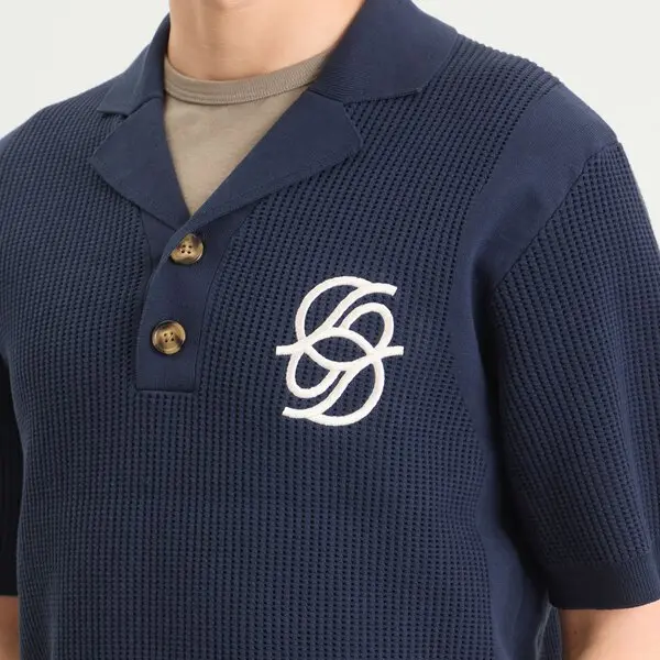 Drole De Monsieur Monogramme Open Weave Polo - Navy
