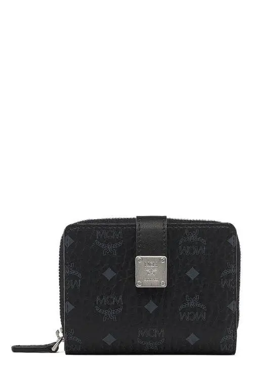 Mcm Aren Brass Plate Wallet In Visetos - Black