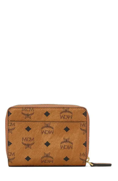 Mcm Aren Brass Plate Wallet In Visetos - Cognac