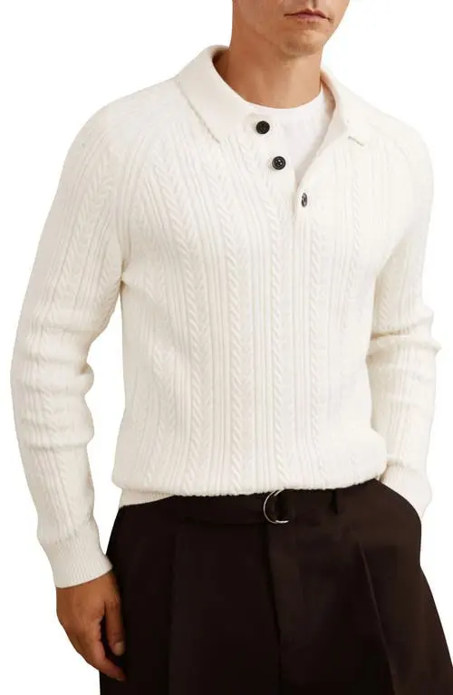 REISS Evesham Cable Stitch Polo Sweater - Winter White