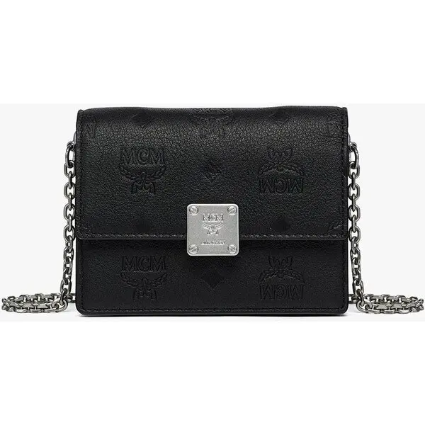 Mcm Mini Aren Chain Wallet In Embossed Monogram Leather - Black